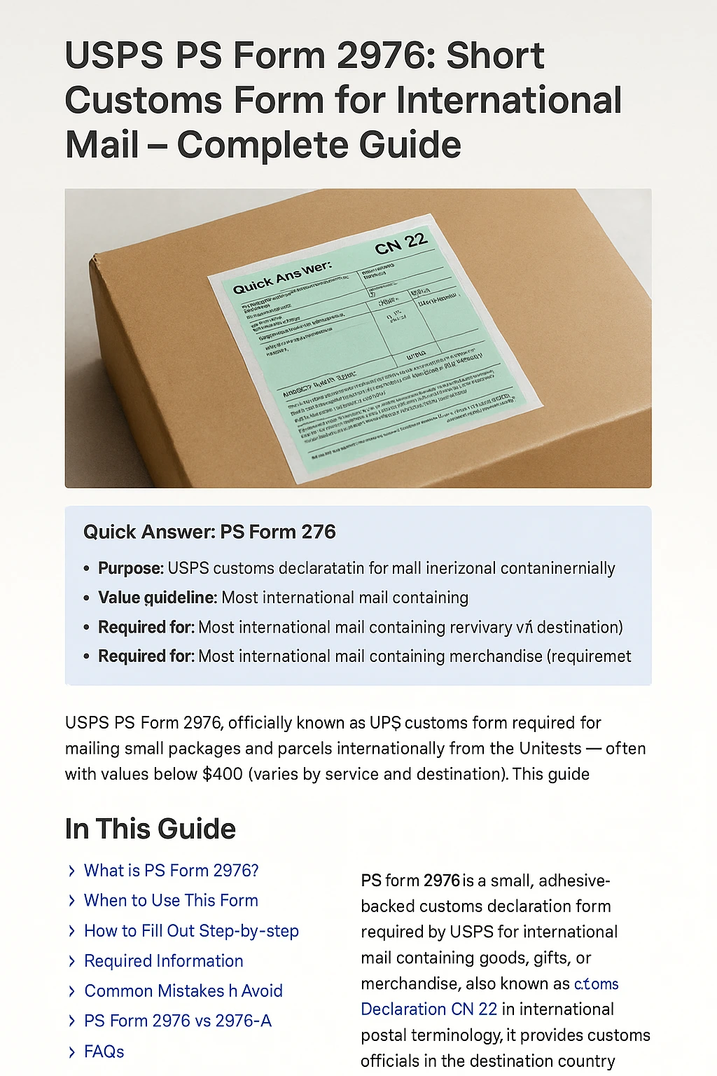 USPS PS Form 2976: Short Customs Form for International Mail - Complete ...