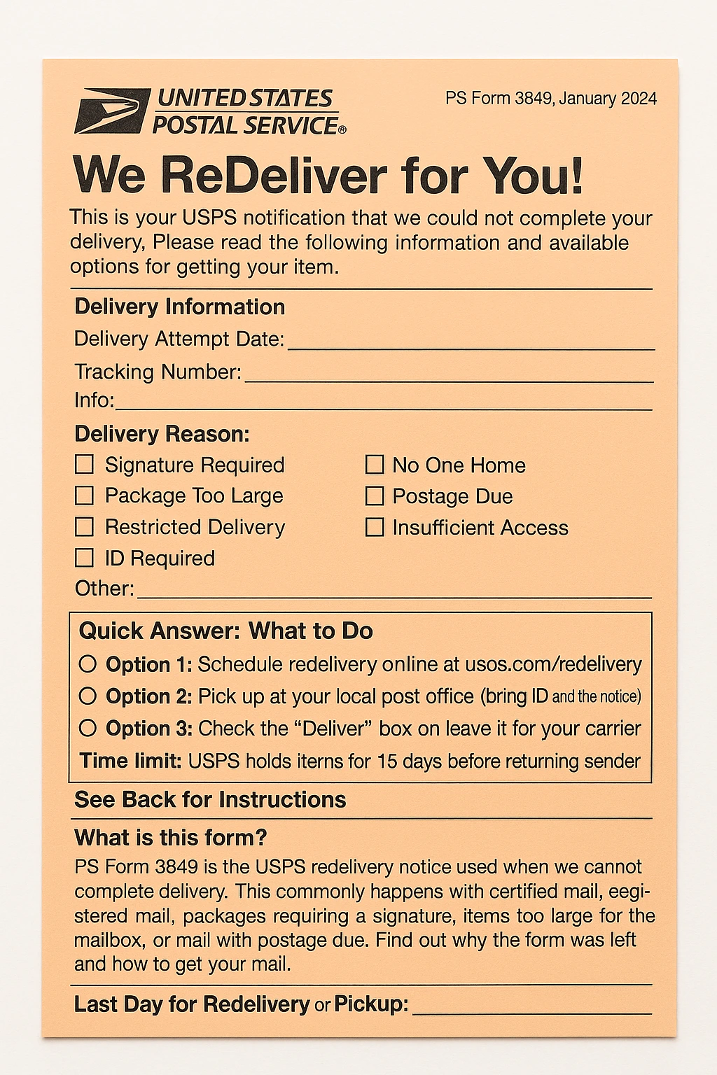 PS Form 3849 (USPS Redelivery Notice & Pickup Slip) - Complete Guide